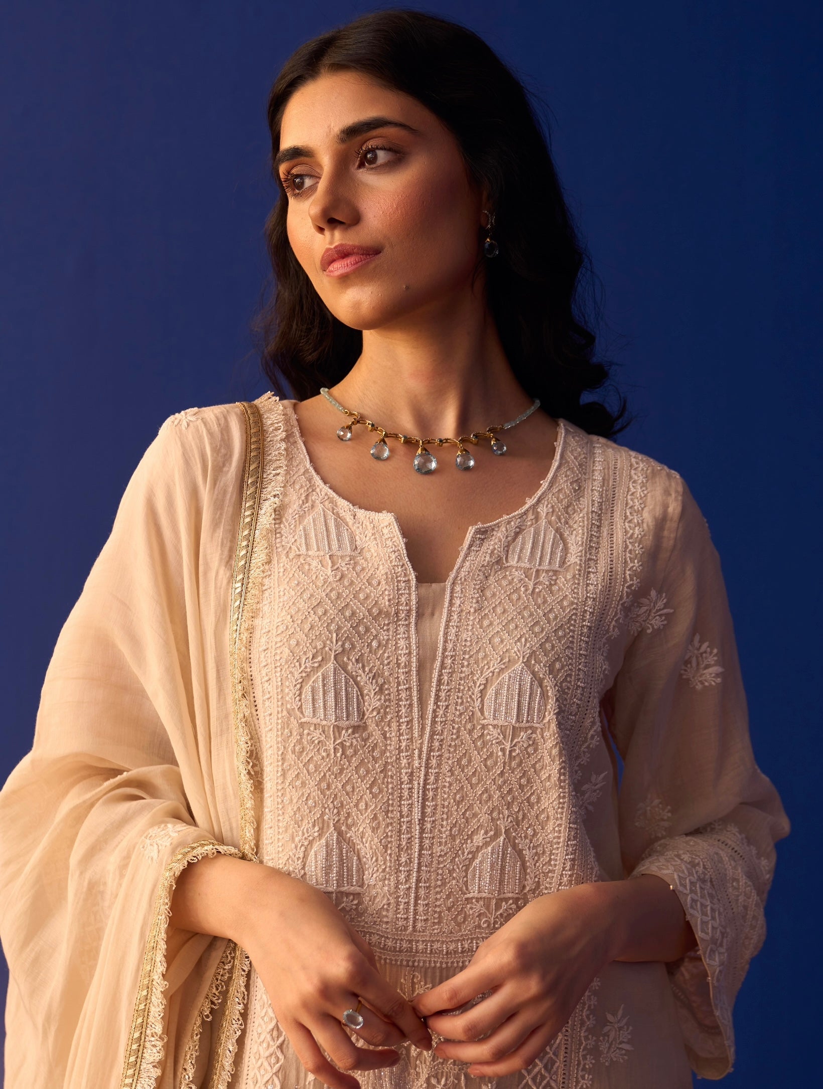 Beige Mul Chanderi Chikankari Kurta Set