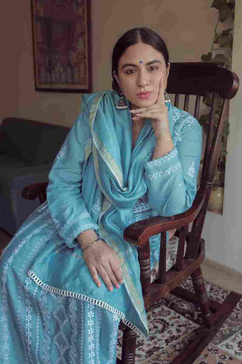 Priya Malik in our blue pure monga silk Chikankari Kurta Set